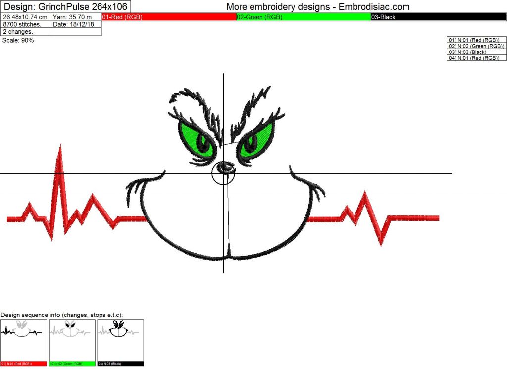 Grinch heart beat machine embroidery design. 5 sizes - Embrodisiac